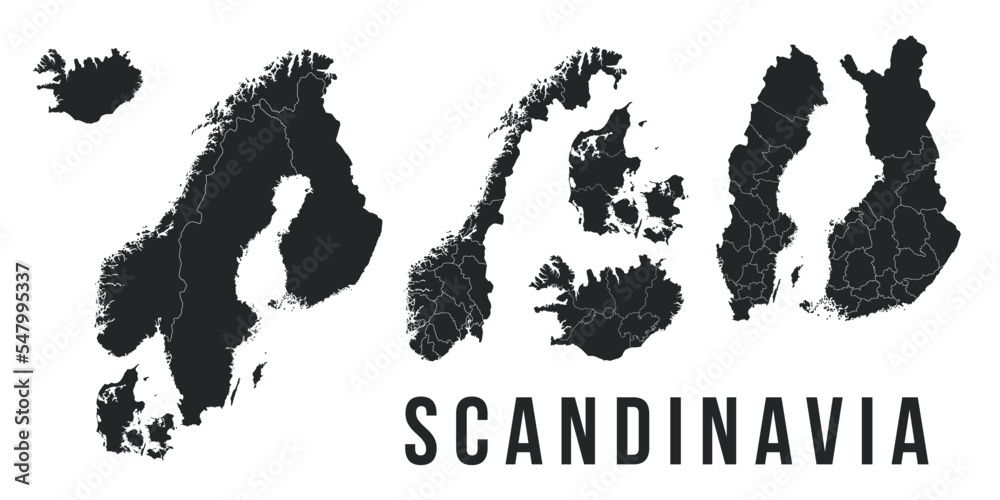 Scandinavia map templates. Sweden, Iceland, Norway, Finland, Denmark ...