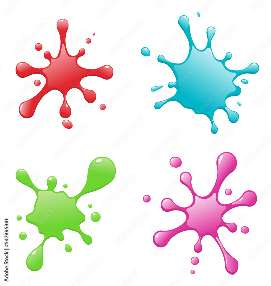 Colorful paint splatters it cartoon style. Paint drop with highlights ...