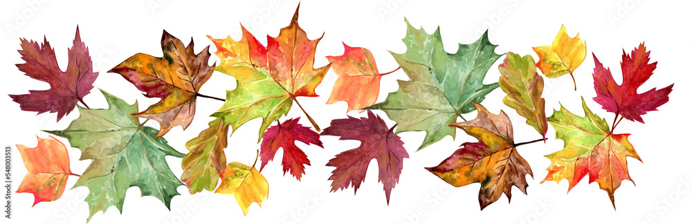 Fall , colorful watercolor leaves border , golden, brown, orange leaves ...