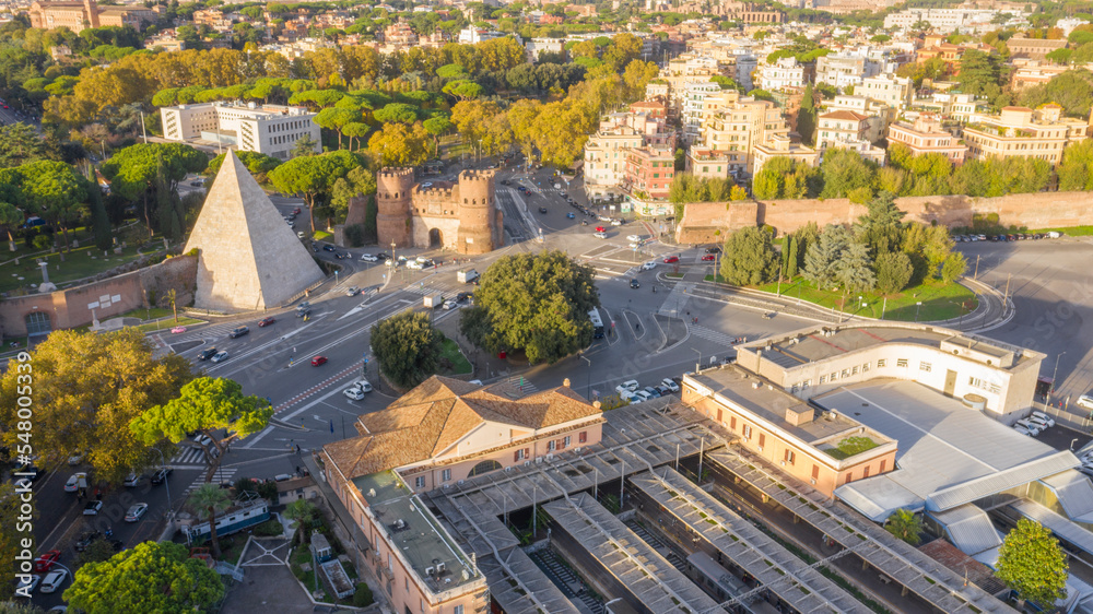 Aerial view of Ostiense square and Pyramid of Cestius, a Roman Era ...