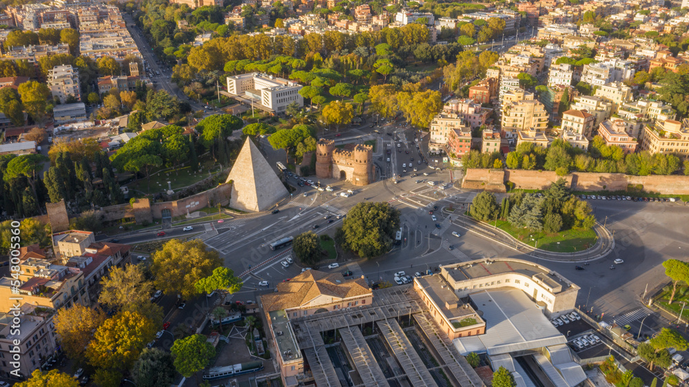 Aerial view of Ostiense square and Pyramid of Cestius, a Roman Era ...