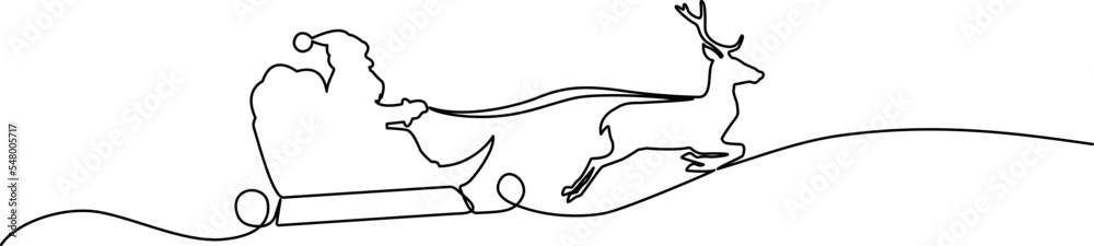 single line drawing of Santa Claus in sleigh pulled by reindeer, line ...