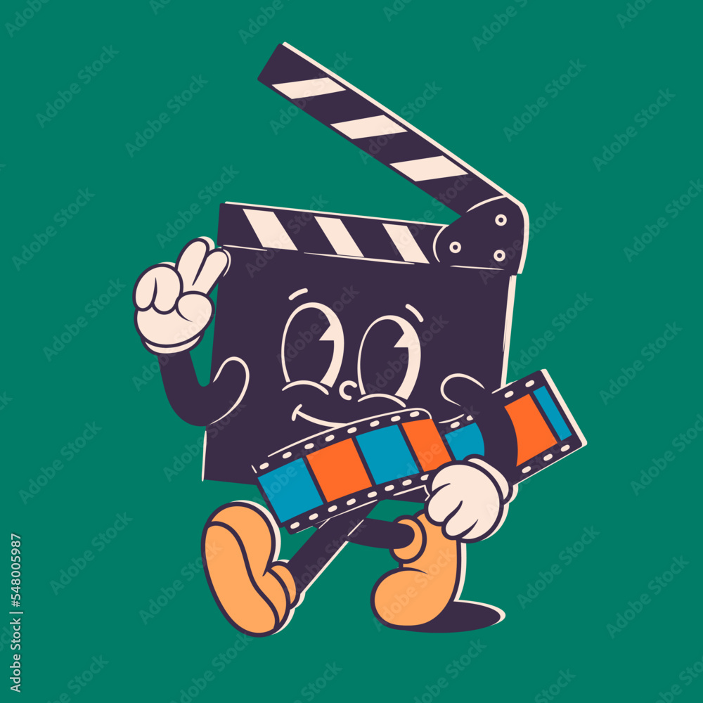 Clap board with film. Cute cartoon character with hands, legs, eyes ...