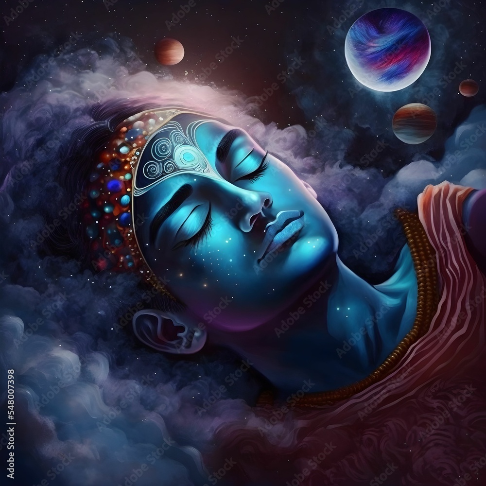 Illustration of Lord Krishna, adorned with shiny jewels, sleeping in ...