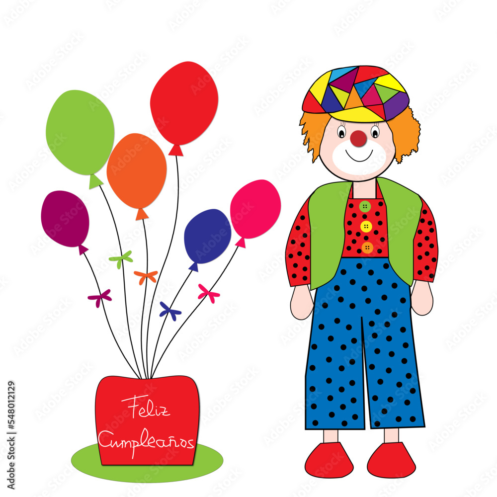Felicitación de cumpleaños con payaso y globos de colores. Stock Vector ...