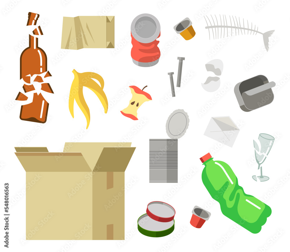 Different kinds of waste or garbage vector illustrations set ...