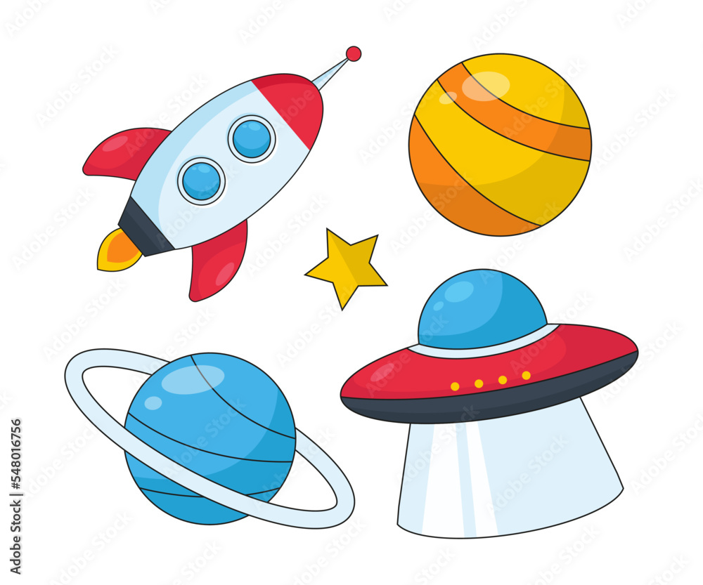 Cute comic space symbols vector illustrations set. Collection of ...