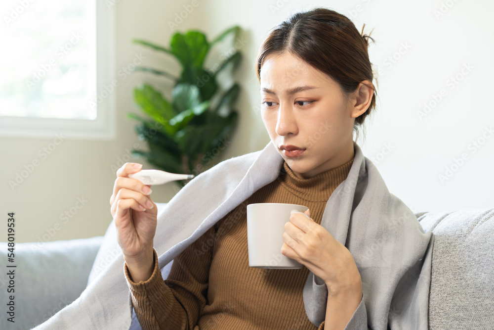 Sick Influenza Asian Young Woman Girl Headache Have Fever Hand
