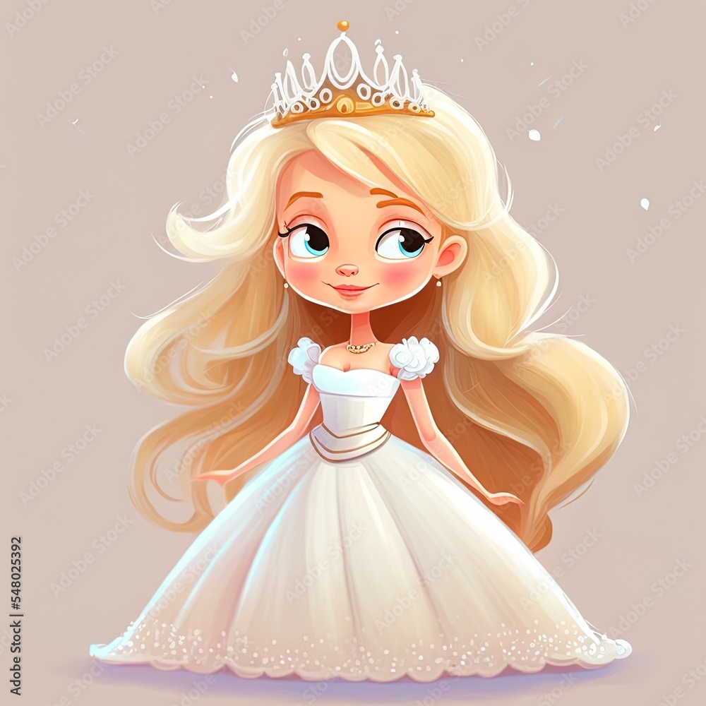Beautiful cute princess holding her long white dress 2d illustrated ...