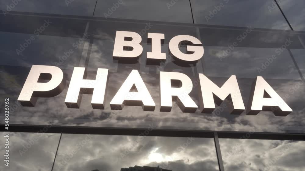 BIG PHARMA building with glass windows and sky reflections. Sign BIG ...