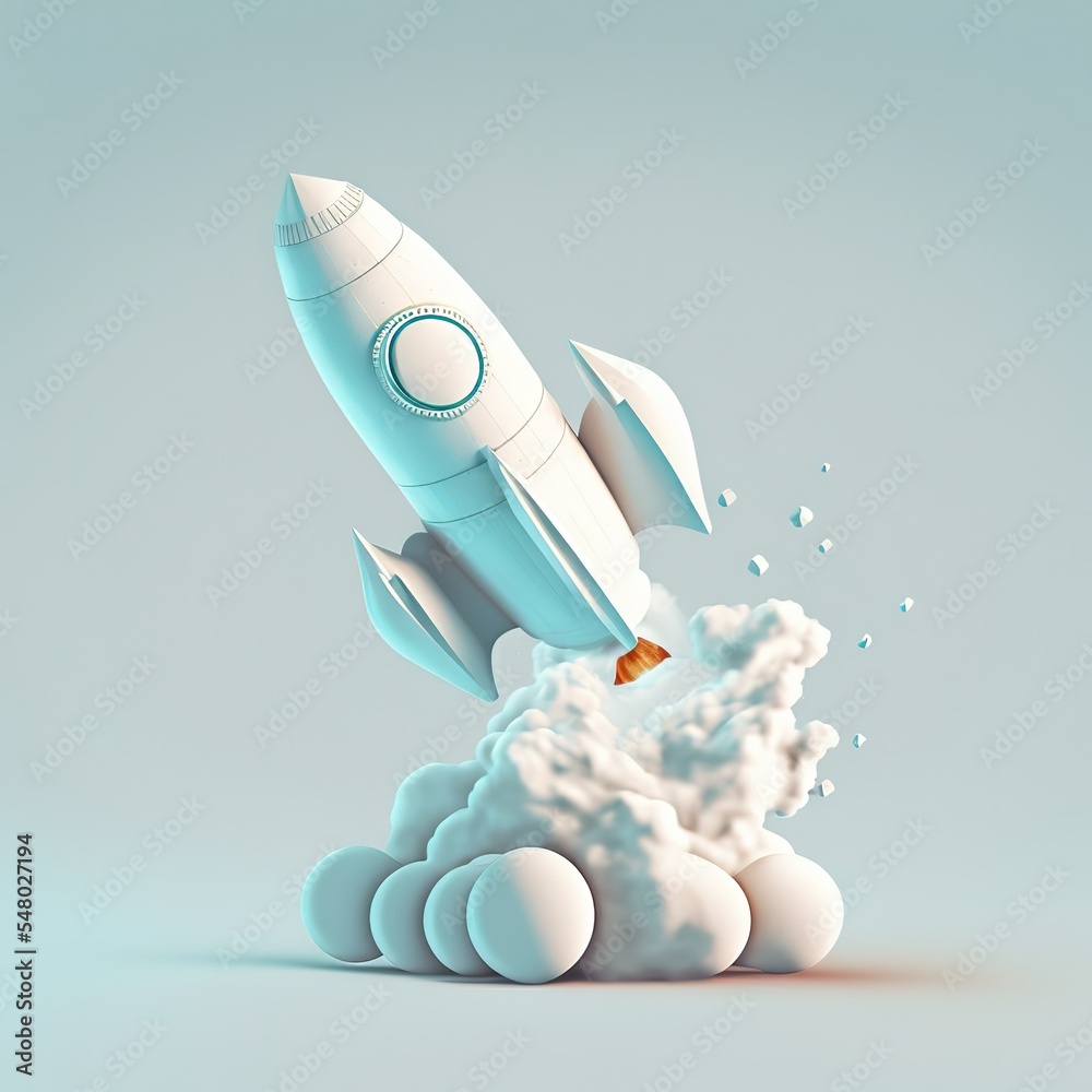 Rocket taking off with puffs of white smoke Isolated on white ...