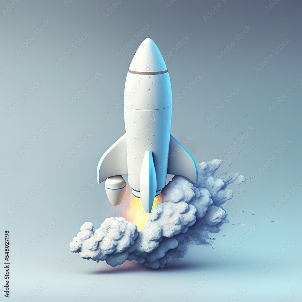 Rocket taking off with puffs of white smoke Isolated on white ...