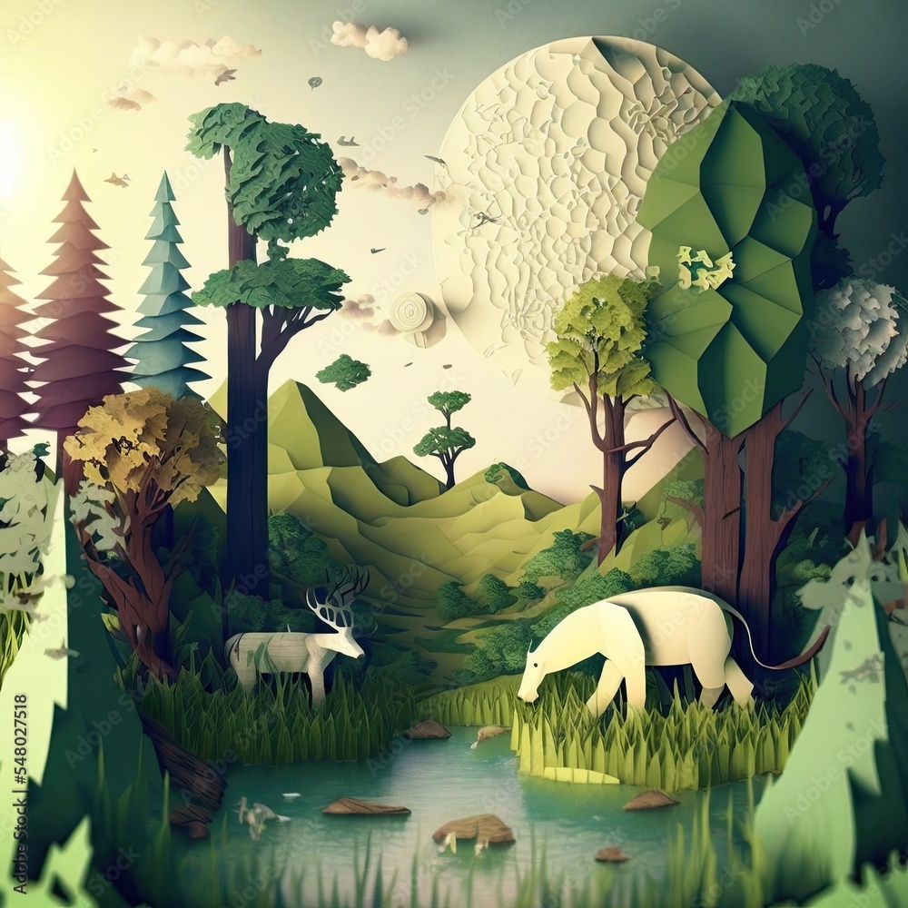 Beautiful illustration of a papercut green landscape with big trees and ...