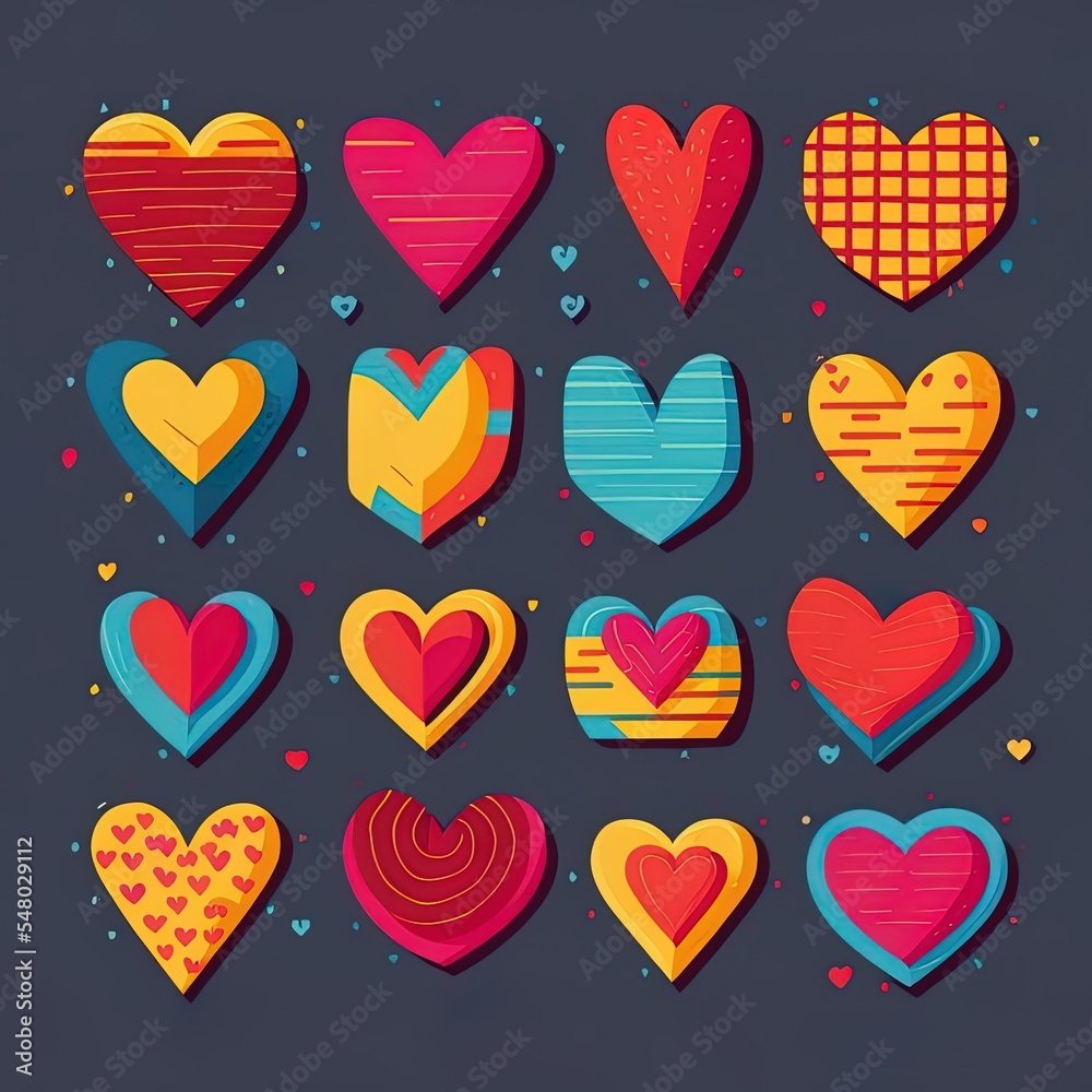2d illustrated hearts cartoon style. flat & line heart symbols ...