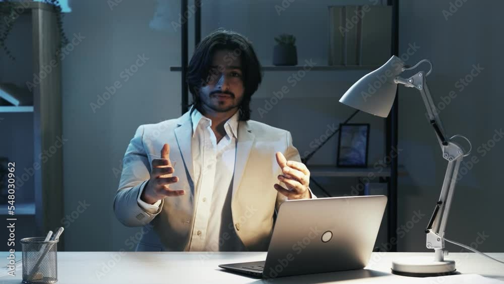 Online education. Inspired man. Virtual project. Elegant professional ...