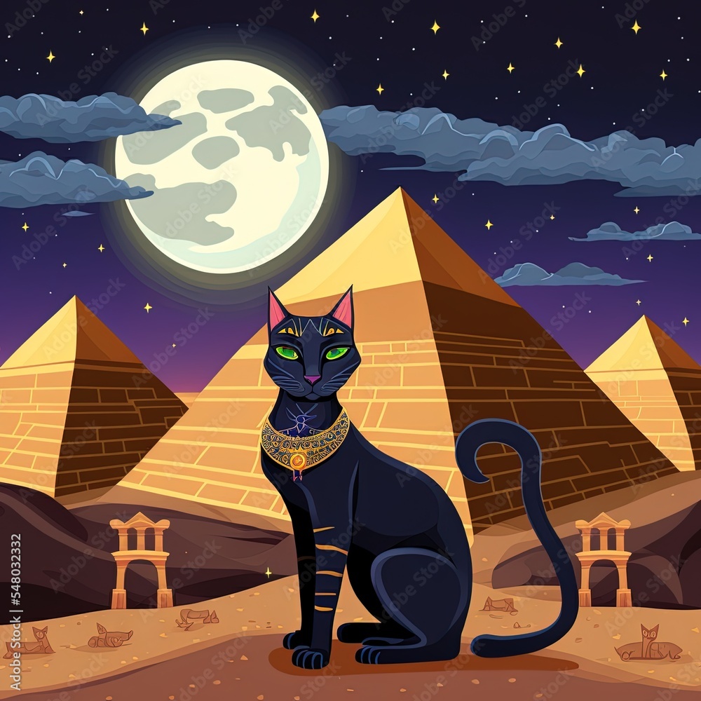 Egyptian goddess bastet in desert with ancient pyramids at night. 2d ...