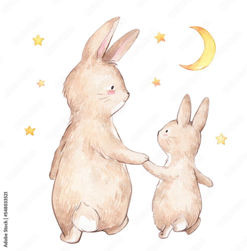 Watercolor Illustration of Dad and baby bunny walking together. Cartoon ...