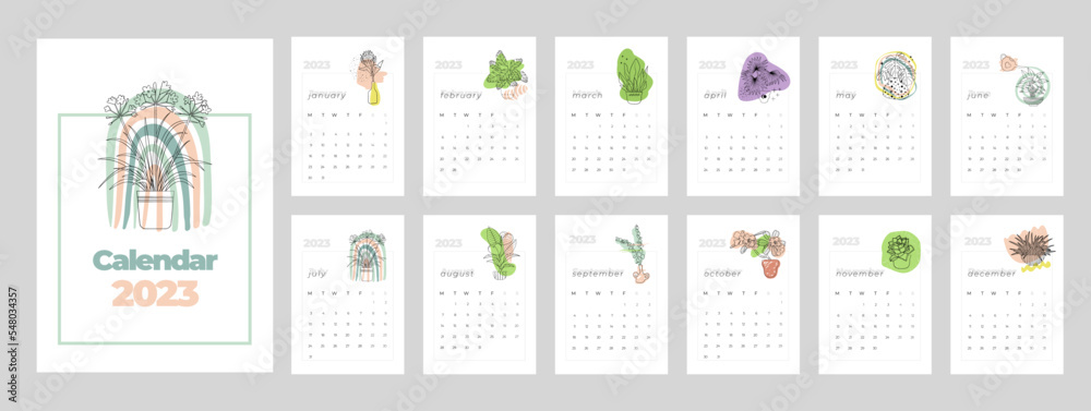 Boho floral calendar for 2023 year. Monthly calendar pages set ...