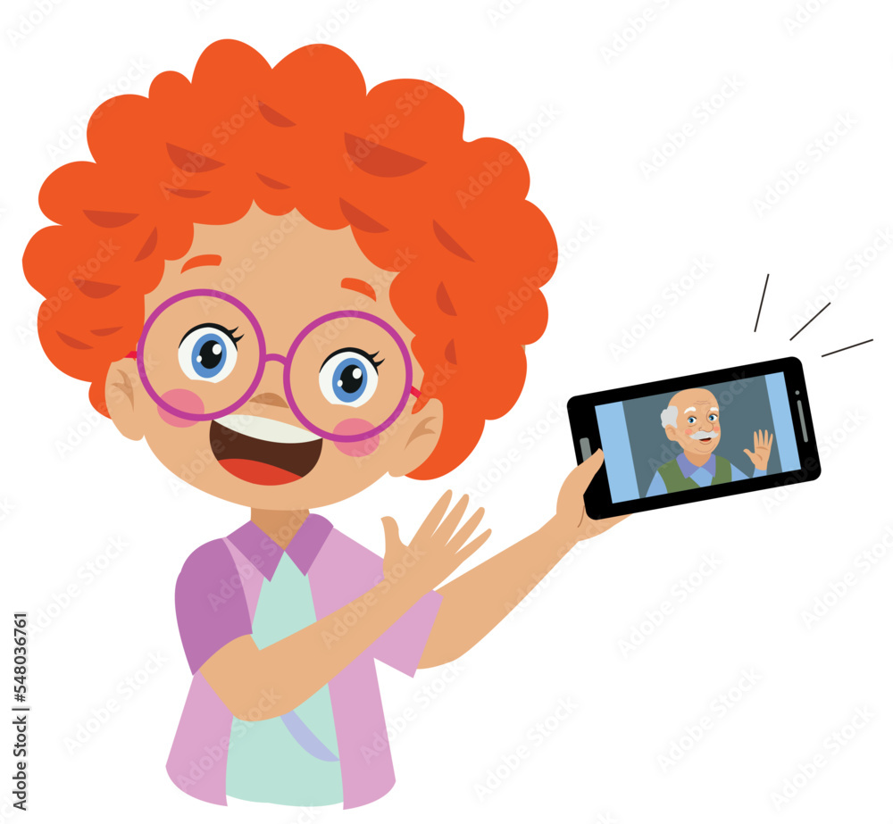 Video Conference. Cute little Kid using tablet for video call with ...