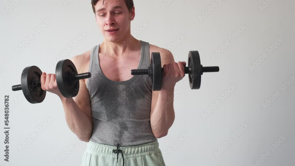 Hard lifting sport. Funky man. Powerless feelings. Tense sweaty guy ...