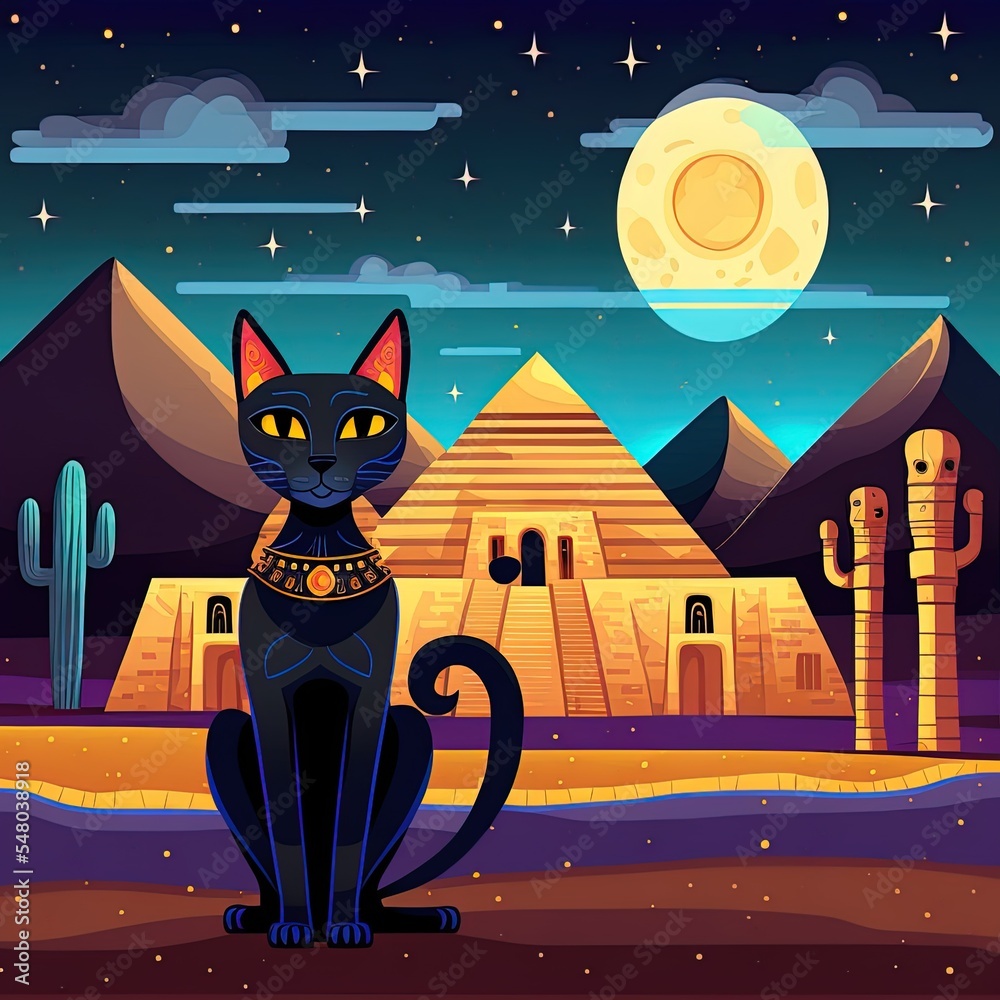 Egyptian goddess bastet in desert with ancient pyramids at night. 2d ...