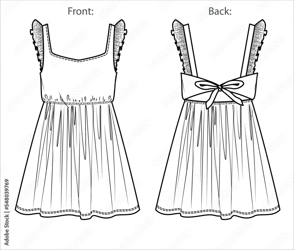 Vector short flared dress fashion CAD, woman mini dress with lace ...