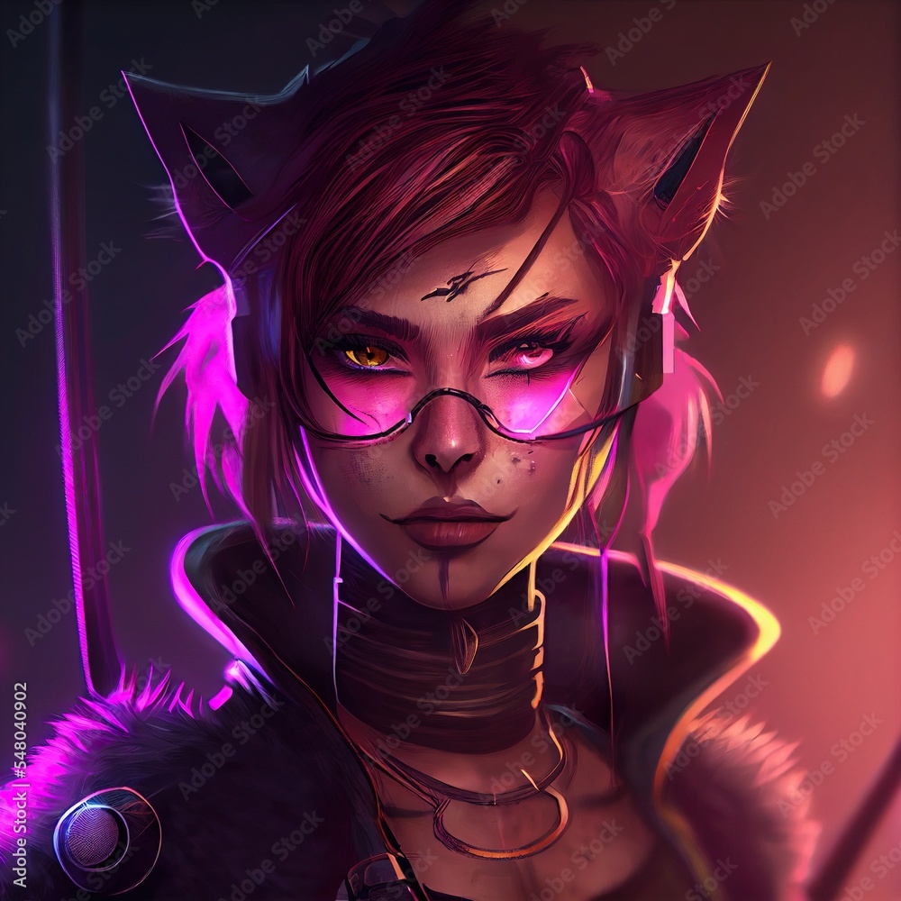 Cyberpunk catgirl video game character design Stock Illustration ...