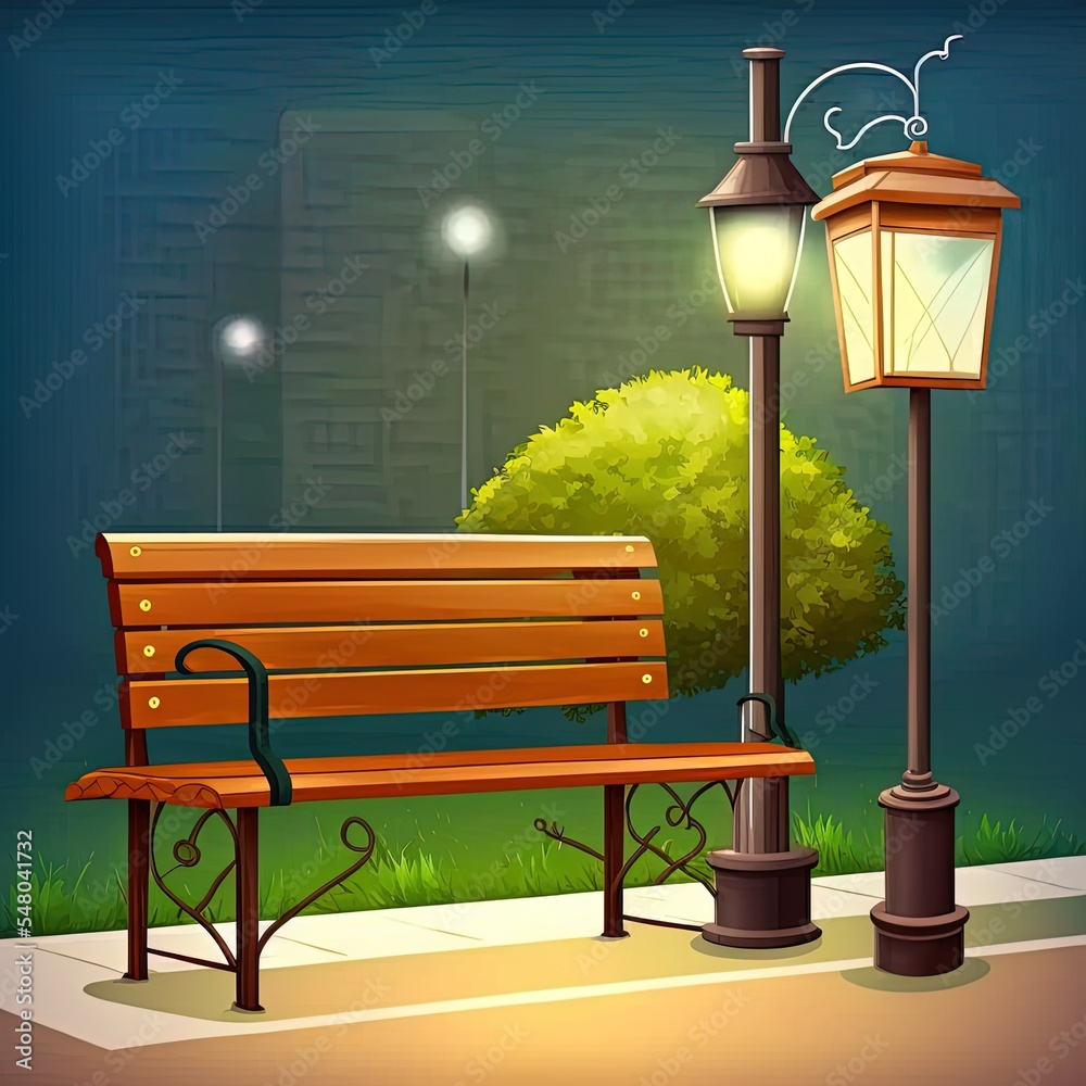 Wooden park bench, street lamp and litter bin, outdoor wood seat with ...