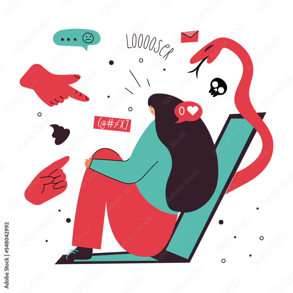 Female sit in laptop and get not good messege, dislike, hurtful words ...
