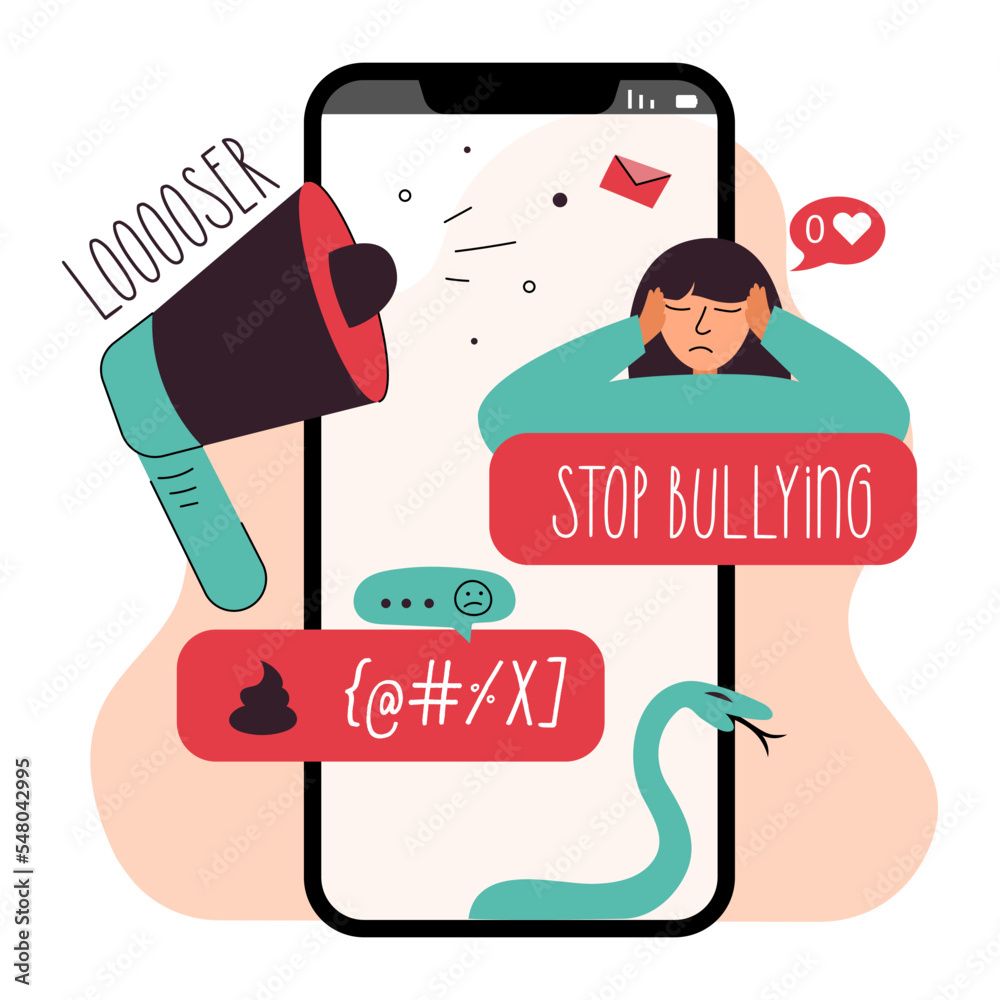 Vetor de Female phone mobile chatting, get not good messege, dislike ...