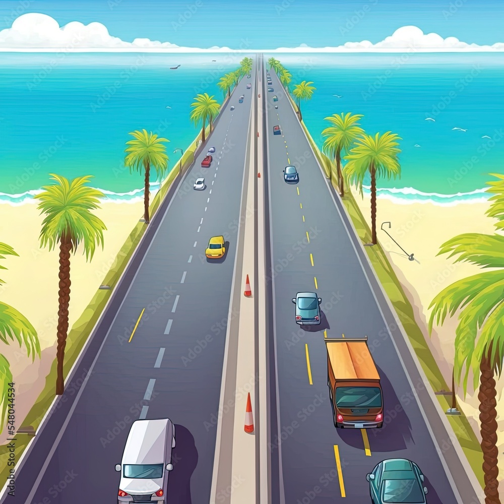 Road traffic cartoon banner with cars top view straight two lane ...