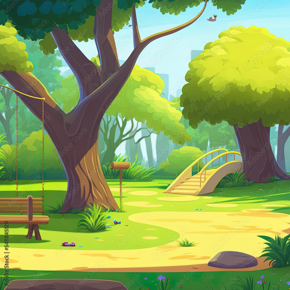 2d illustrated background of cartoon playground in park at summer ...