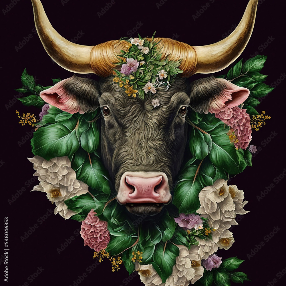 Bull made of flowers and leaves, Realistic Boho Wild Animal, Beautiful ...