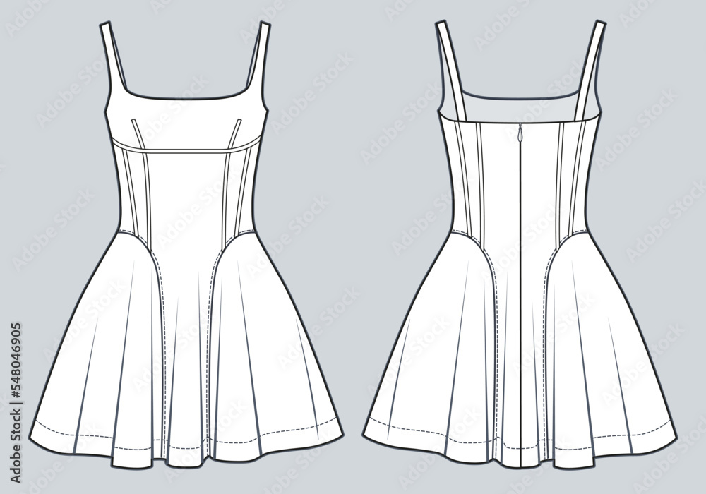 Women's mini Dress technical fashion Illustration. Dress with shoulder ...