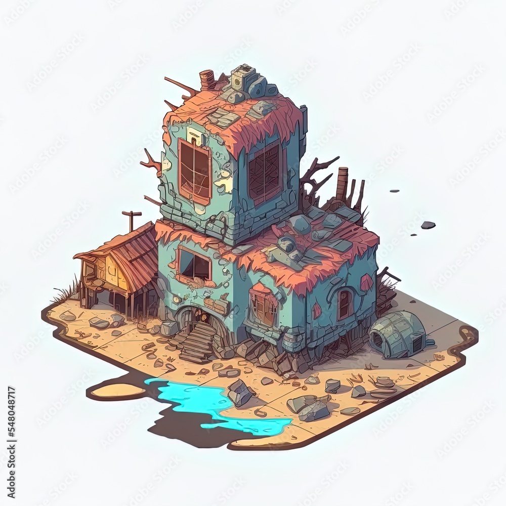 Ruined destroyed post apocalyptic buildings isometric cartoon style ...