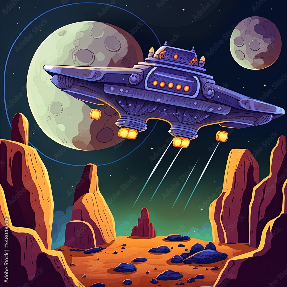 Spaceship fly above alien planet surface. 2d illustrated cartoon ...