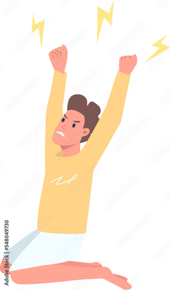 Angry boy sitting on knees semi flat color raster character. Full body ...