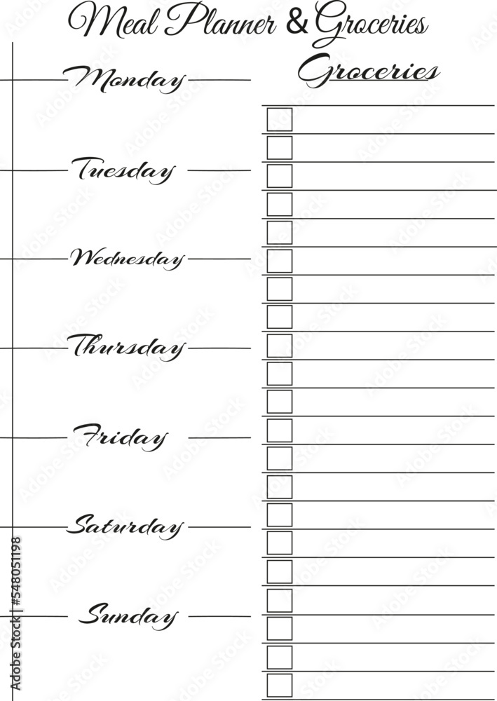 Meal planning and grocery list. Weekly menu planner. Breakfast, lunch ...