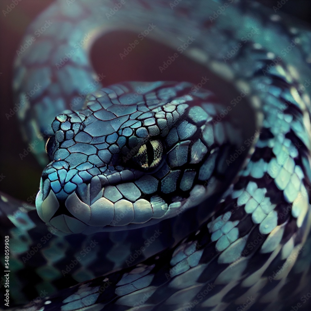 a blue and white snake with a black eye and a black and white checkered ...