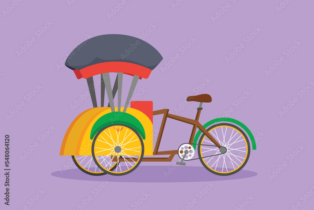 Cartoon flat style drawing side view of pedicab with three wheels and the front passenger seat ...