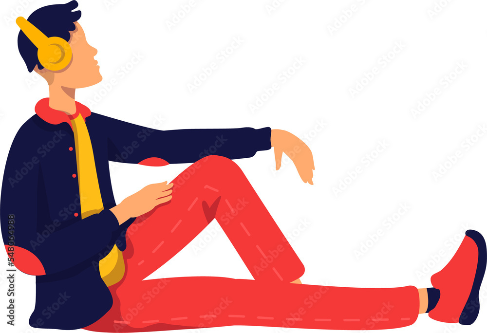 Carefree guy wearing wireless headphones semi flat color raster ...