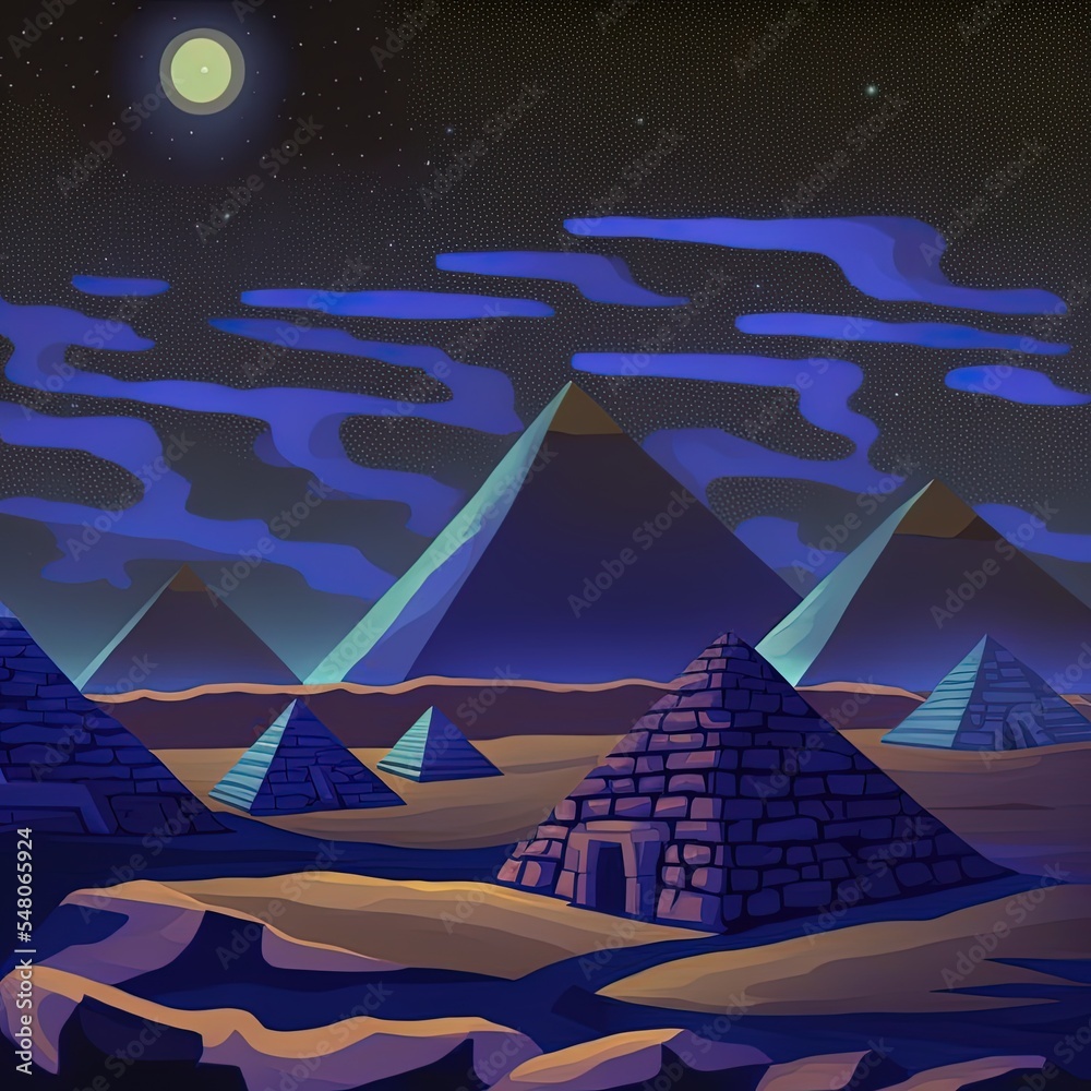 Egyptian pyramids night landscape cartoon Stock Illustration | Adobe Stock