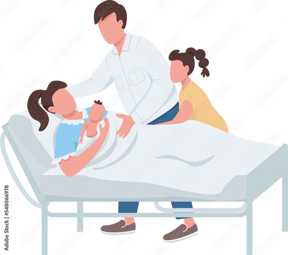 Family welcoming new baby semi flat color raster characters. Full body ...