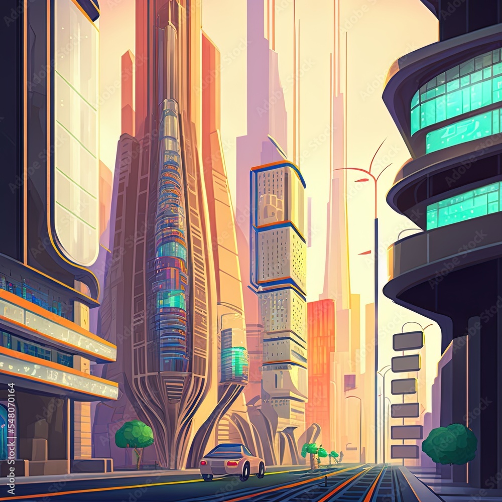 Future city street with futuristic glass buildings of unusual shapes ...