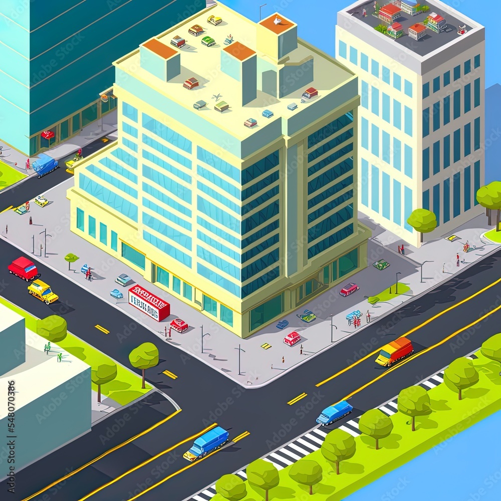 Government buildings city streets roads and traffic isometric 2d ...