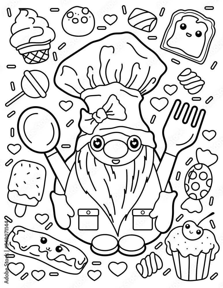 Gnome cook. Coloring book for children. Gnome coloring book. Black and ...