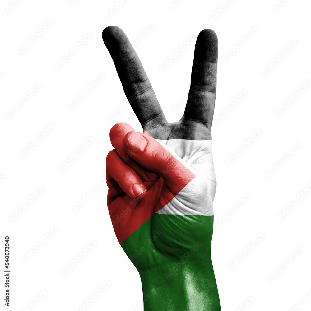 Hand making the V victory sign with flag of palestine Stock ...