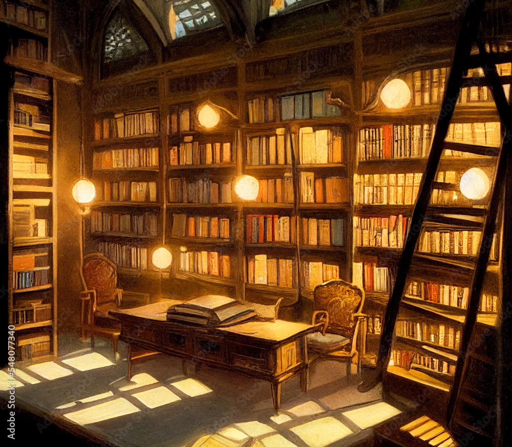 Old library with a lot of bookshelves, cabinet with many books digital ...