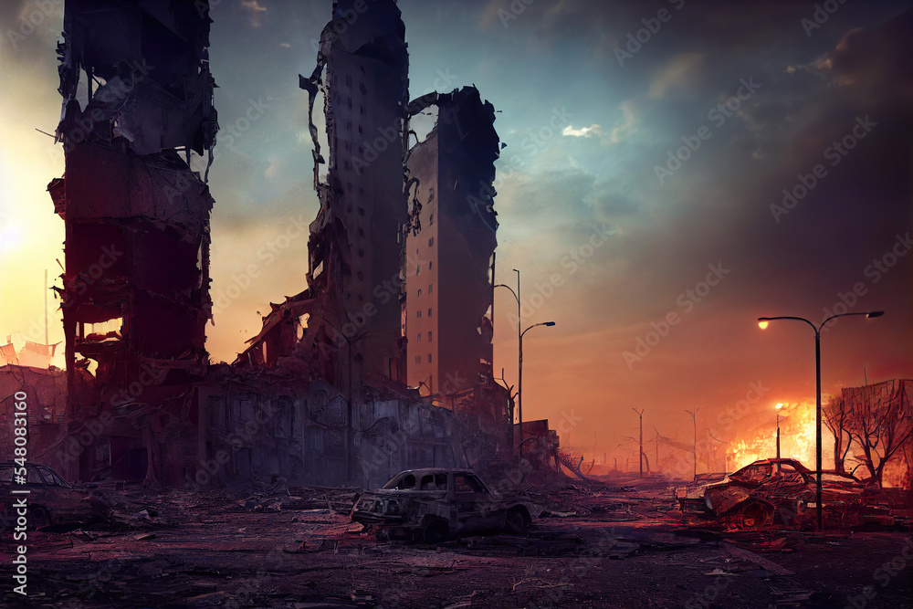 post-apocalyptic ruined city, dead wasteland. Destroyed buildings ...