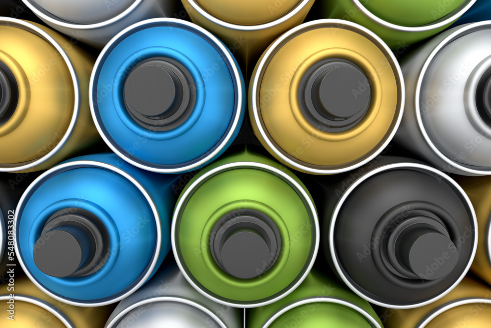 Set of spray paint cans in row on white background. Spray bottle and ...